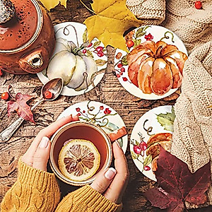 Whaline Fall Pumpkin Coaster Autumn Round Drink Coasters Absorbent Natural Ceramic Coasters Pumpkin Cup Mat for Mugs Cups Home Kitchen Office Thanksgiving Party Table Decoration Supplies, 4 Pack