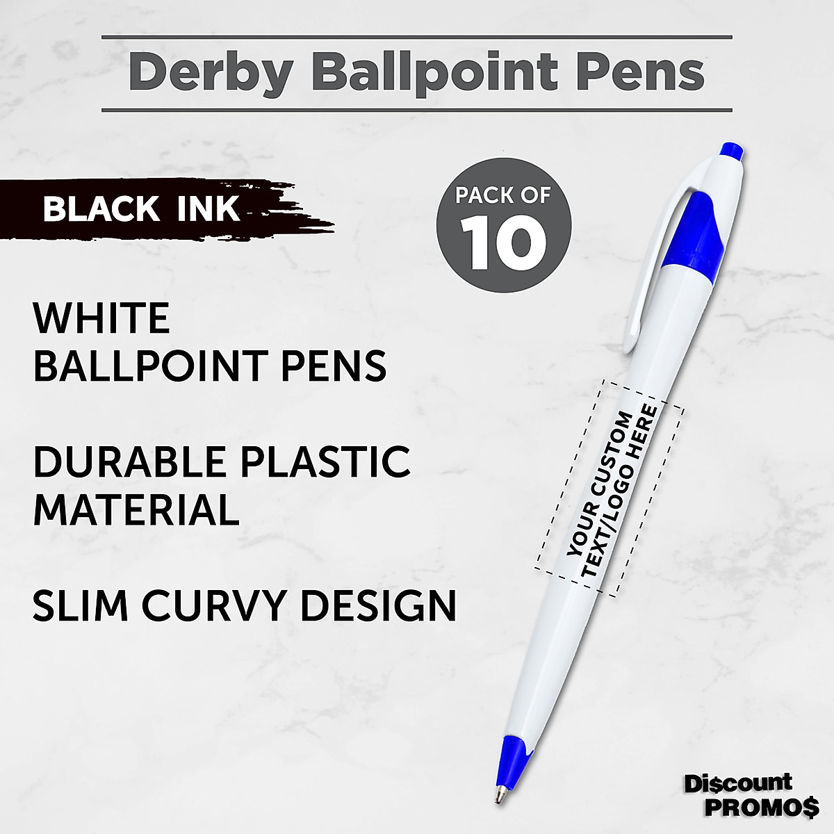 DISCOUNT PROMOS Custom Slim Curvy Ballpoint Pens Set of 10, Personalized Bulk Pack - Black Ink, Retractable, Great for Office, School, Tradeshows - Blue Black