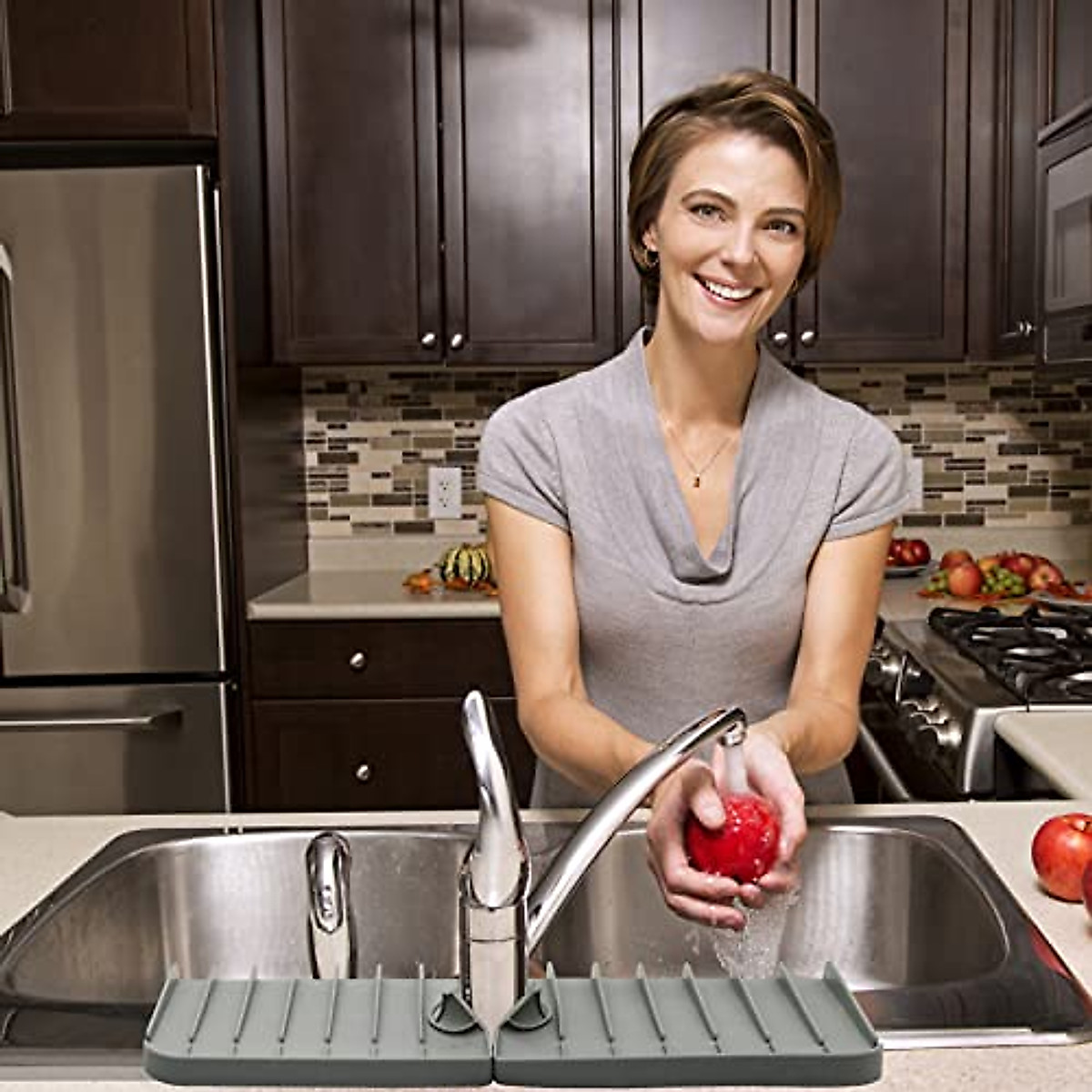 2-Pack Kitchen Sink Splash Pads, MORROT Kitchen, Bathroom Silicone Handle Drip Tray, Sink Drain Tray Drying Pads Countertop Splash Pads, Silicone Faucet Pads (Grey)