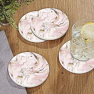 Lahome Pink Coasters for Drinks Absorbent with Holder,Set of 6 Marble Pattern Ceramic Stone Coaster Set with Cork Backing for Mugs Cups Wooden Coffee Table Protection,4 Inches