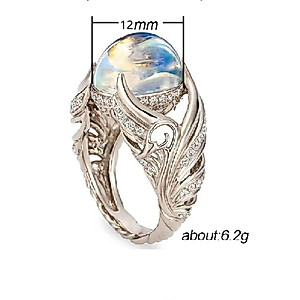 Hsitgexf Rainbow Moon Stone Rings Victorian Style Gemstone Solitaire Round Moonstone Cocktail Ring for Women, Angel Wings Wedding Engagement Rings (US Size 7)
