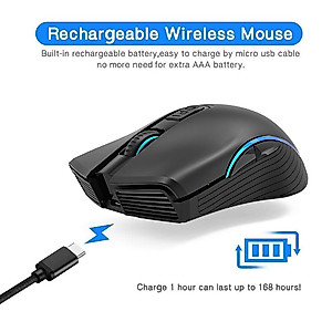 NYIEFADA Bluetooth Wireless Mouse for Laptop, LED Rechargeable Silence Computer Mice with Side Buttons Supports 2 Devices 3 DPI for HP/Dell/Win8/10/Mac