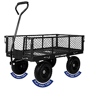 BILT HARD 880 lbs 10" Flat Free Tires Steel Garden Cart with 180° Rotating Handle and Removable Sides, 4 Cu.Ft Capacity Heavy Duty Garden Carts and Wagons