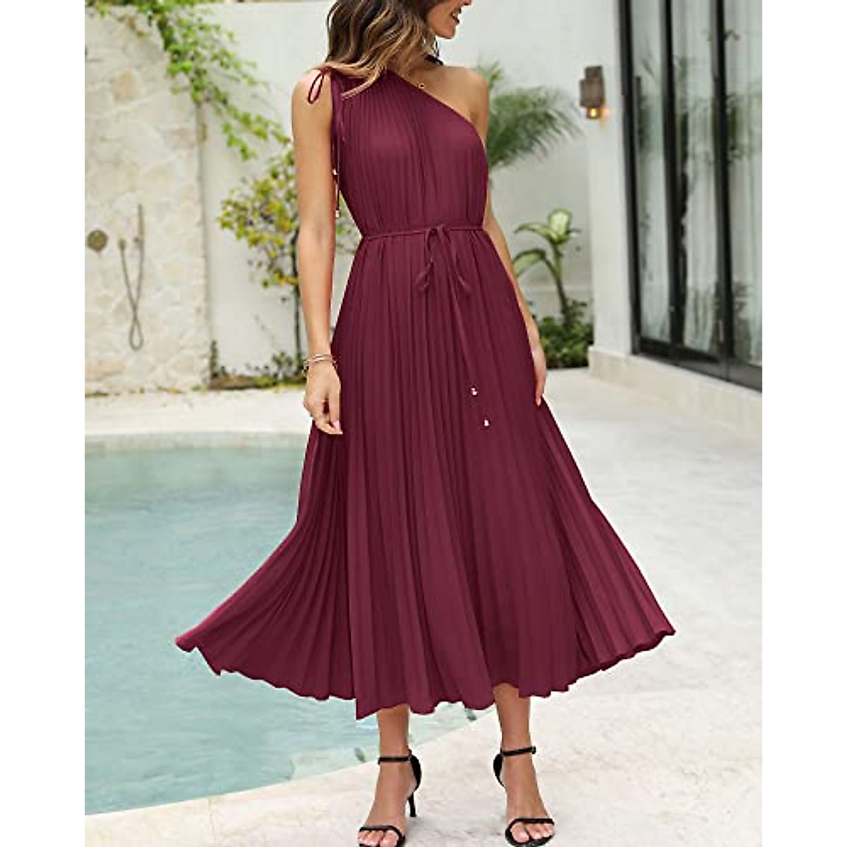BTFBM Women's Drawstring One Shoulder Maxi Dresses Summer Sleeveless Tie Waist Pleated Long Flowy Party Cocktail Dress(Solid Wine Red, Medium)
