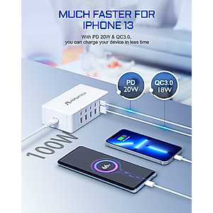 Aergiatech USB C Charger Station, 10-Port 100W Charging Hub with PD3.0 and QC3.0 Fast Charging for Multiple Devices, Compatible with iPhone 15/Pro/14/13, iPad Air/Pro, Galaxy -White