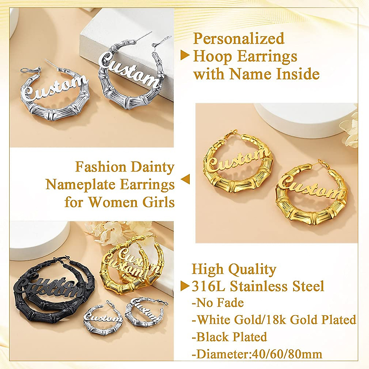 Custom4U Personalized Gold Hoop Earrings with Name Custom Bamboo Elegant Earrings Memory Jewelry Gifts for Women