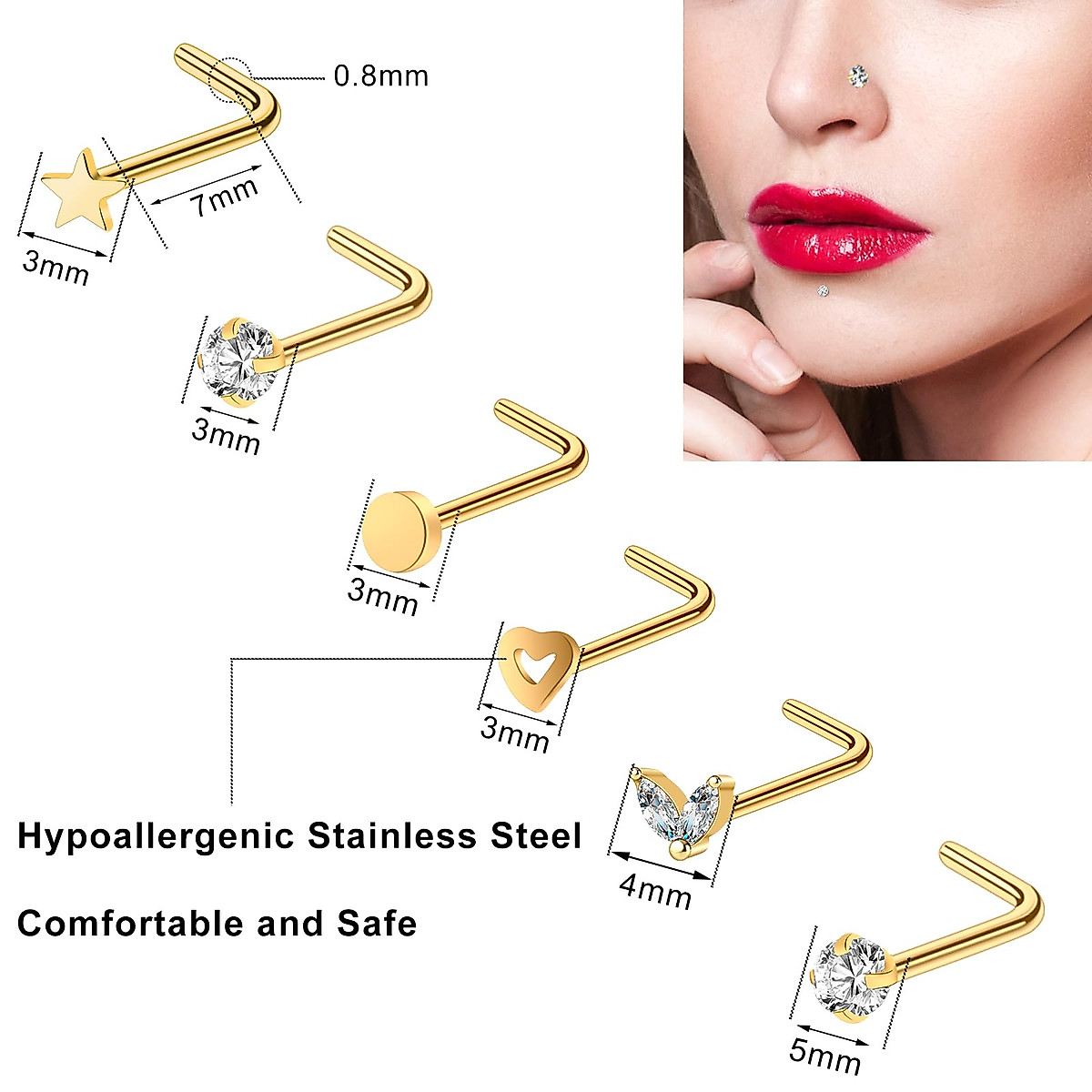 ONESING 29 PCS Gold Nose Rings for Women 20g Nose Piercings with Nose Rings Hoops L shaped Nose Screw Surgical Stainless Steel Nose Studs CZ Heart Star Hypoallergenic Nostril Nose Piercing Jewelry