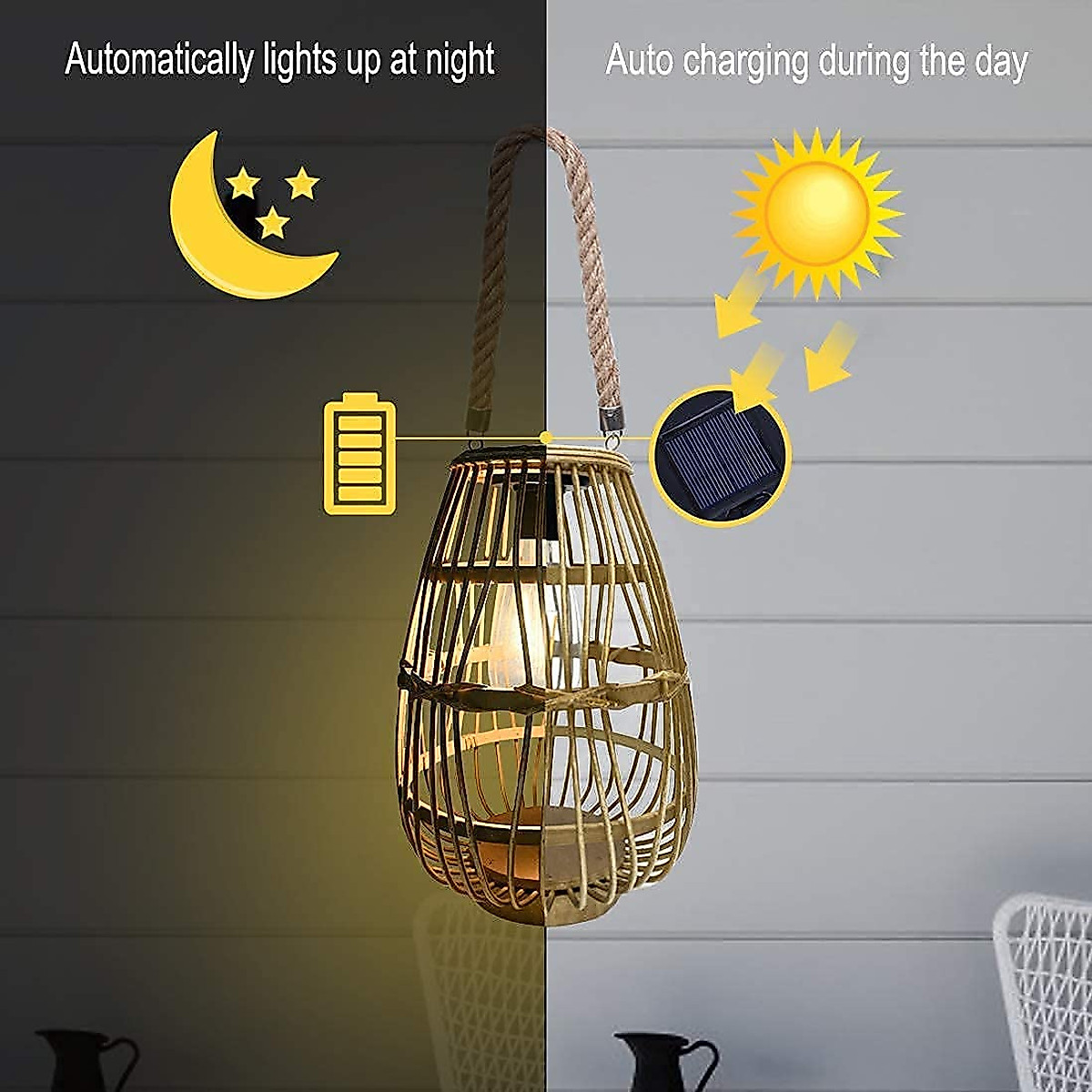 pearlstar Outdoor Solar Lantern Hanging Lights Natural Rattan Solar Lantern with Handle, Waterproof Large Solar Lights Table Lamp for Yard Garden Patio Wedding Home Decoration, Edison Bulb