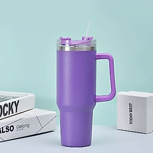FAMKX 40oz Insulated Travel Mug Tumbler With Handle And Straw,Stainless Steel Double wall Vacuum Thermos Cup Keep Drink Cold and Hot (Purple)