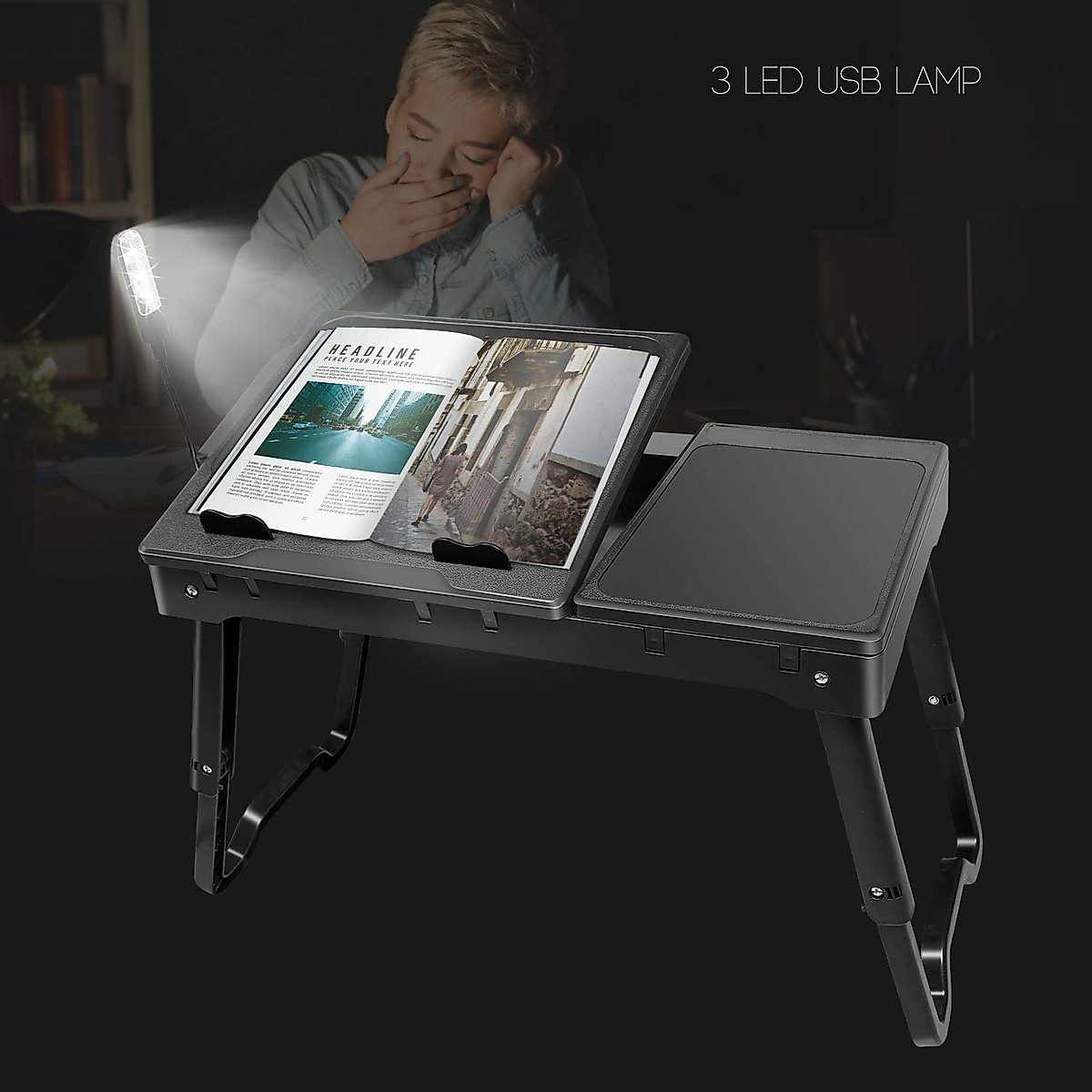 Moclever Laptop Table for Bed-Multi-Functional Laptop Bed Table Tray with Internal Cooling Fan & 2 Independent Laptop Stands-Foldable & 3 Different Height Laptop Desk-LED Lamp-4 Port USB