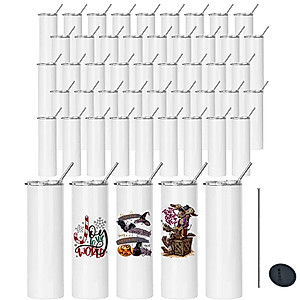AGH 50 Pack Sublimation Tumbler Blanks with Lid and Stainless Steel Straw,20 OZ Straight Stainless Steel Skinny Straight Sublimation Tumbler Cups (50PCS-White)