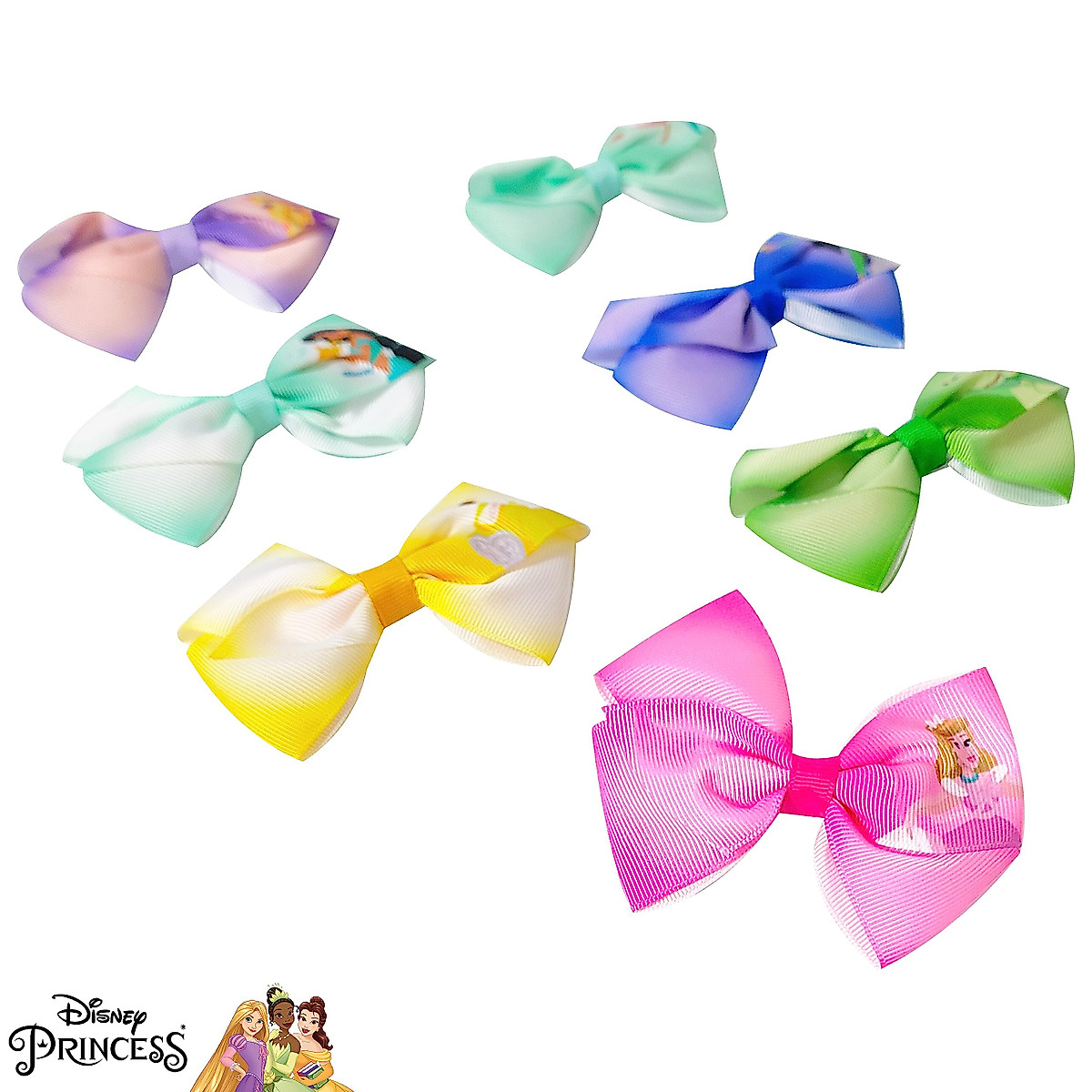 Disney Princess - Girls Hair Accessories Gift Set - Kids Hair Bows - 7 Pcs 4 Inch Bundle - Different Princess on Each Clip - Alligator Clip Ages 3+