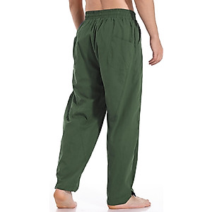 AITFINEISM Mens Cotton Linen Pants Elastic Drawstring Waist Lightweight Summer Beach Pants (32-34, Dark Green)