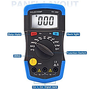 GOLDCHAMP Digital Multimeter Capacitance Meter 200pF-20mF Meter Capacitor Handheld Multimeter Tester with Multi Testers Manual Range Measure Tool, Back Light, Data Hold