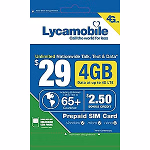 Lycamobile $29 Plan 1st Month Included SIM Card is Triple Cut Unlimited Natl Talk & Text to US and 65+ Countries 4GB Of 4G LTE