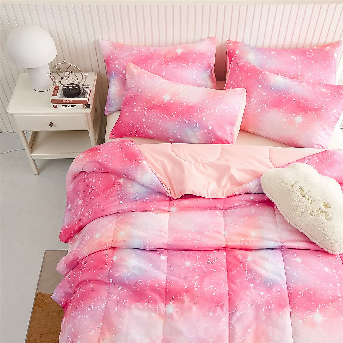 Pink Ombre Glitter Galaxy Comforter Set Twin Size for Girls, Sparkle Constellation Starry Sky Comforter for Kids Teen, 2 Piece Soft Microfiber Bedding Sets with 1 Pillow Case for All Season(Pink,Twin)