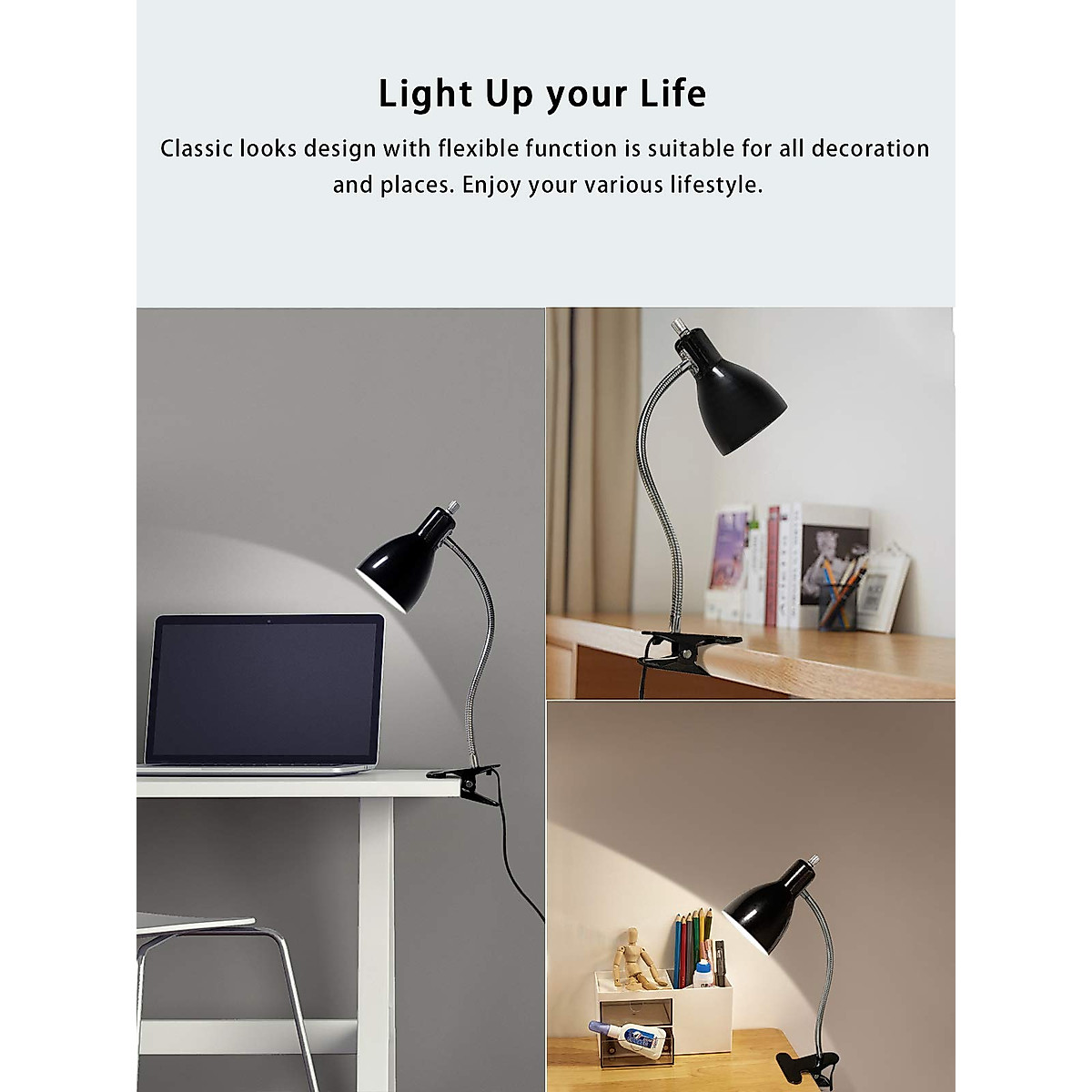 Desk lamp Eye-Caring Table Lamps, 360°Rotation Gooseneck Clip on Lamp Reading Light Portable Reading Book Light, Clamp Light, Study Desk Lamps for Bedroom and Office Home Lighting (Black)
