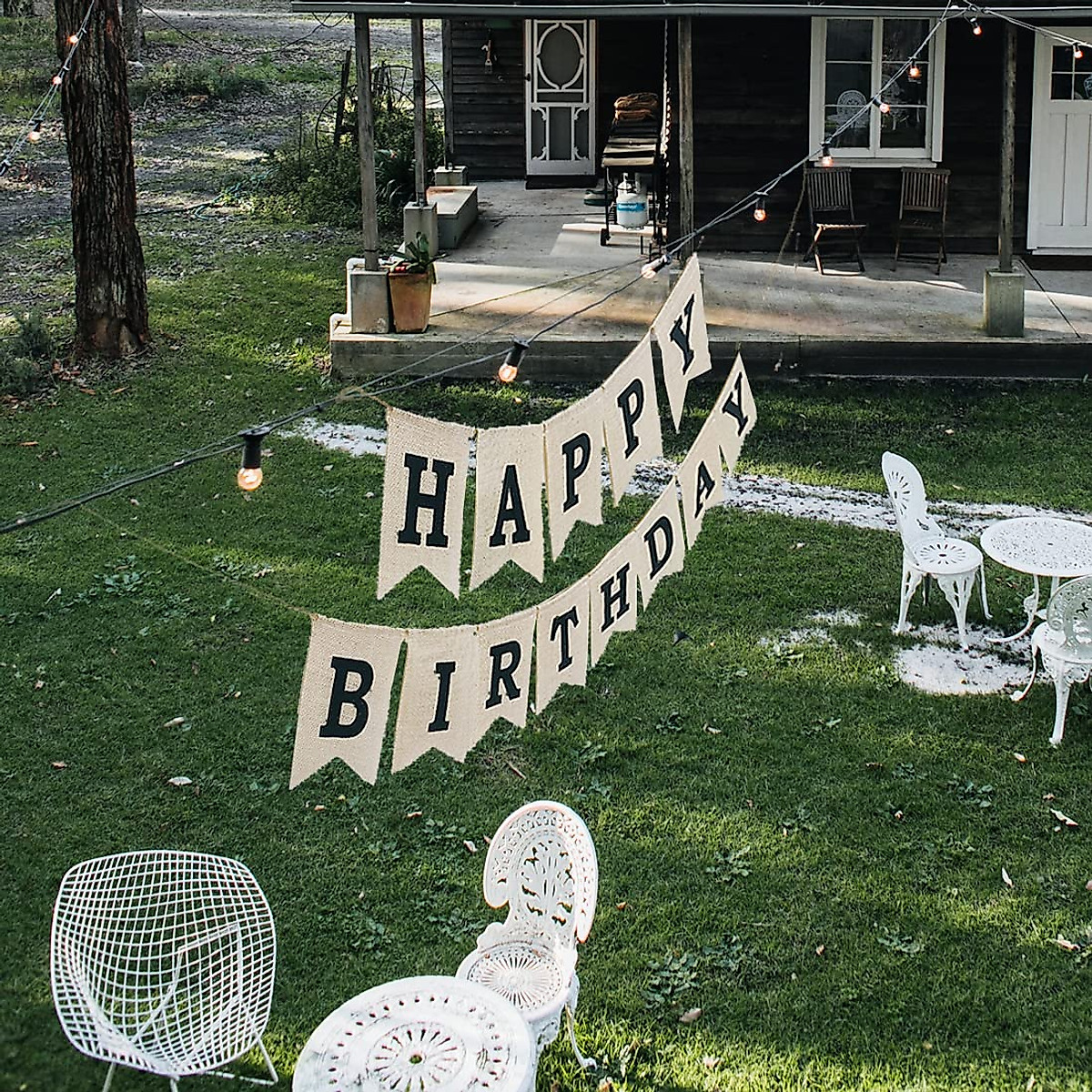Burlap Happy Birthday Banner, Assembled Reusable Black Happy Birthday Sign for Rustic Birthday Party Decorations