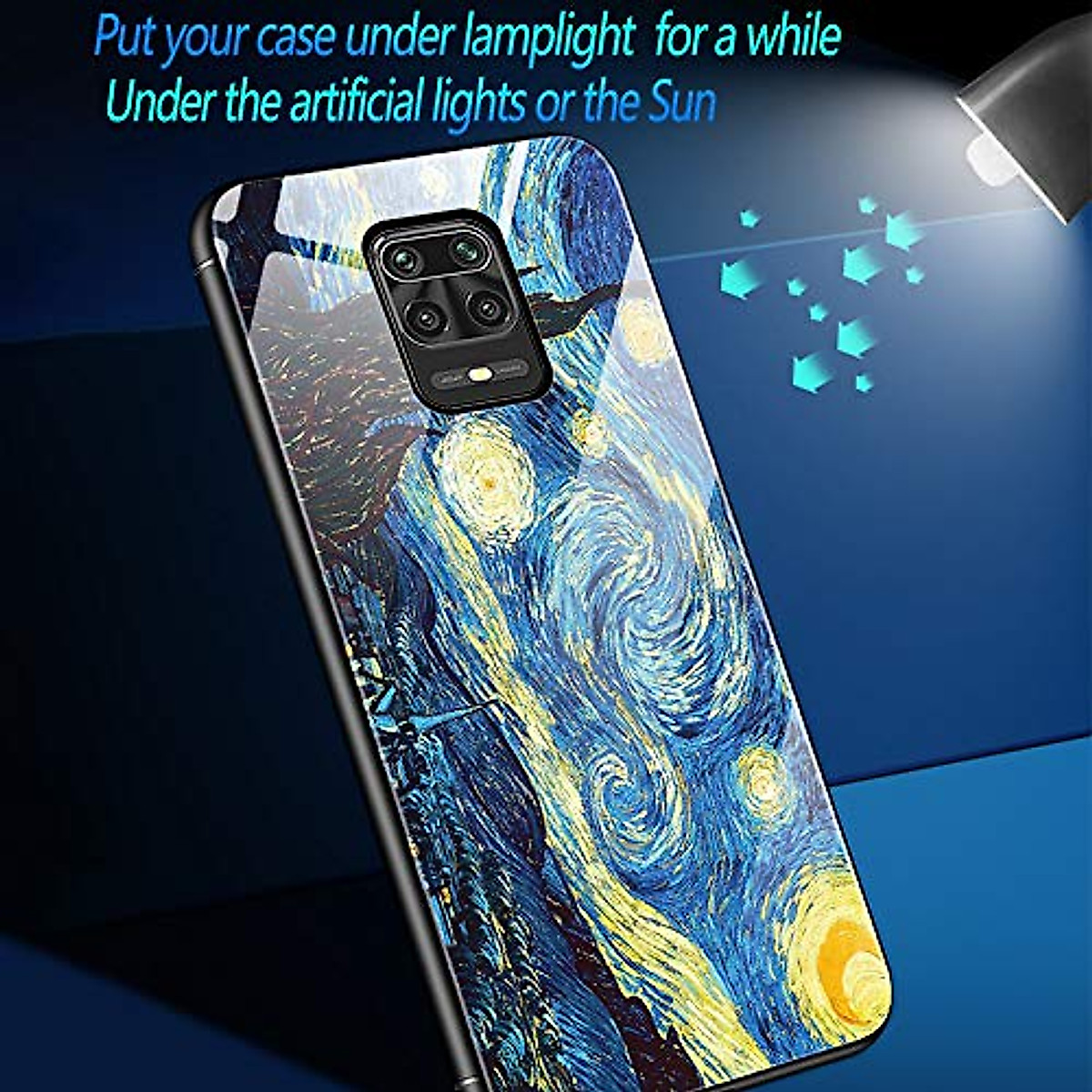 Leton-US Xiaomi Redmi Note 9S/Note 9 Pro Case Silicone Luminous Noctilucent 9H Tempered Glass Back Cover Soft Slim TPU Bumper Shockproof Phone Case Cover for Redmi Note 9S Glow in Dark Meteorite
