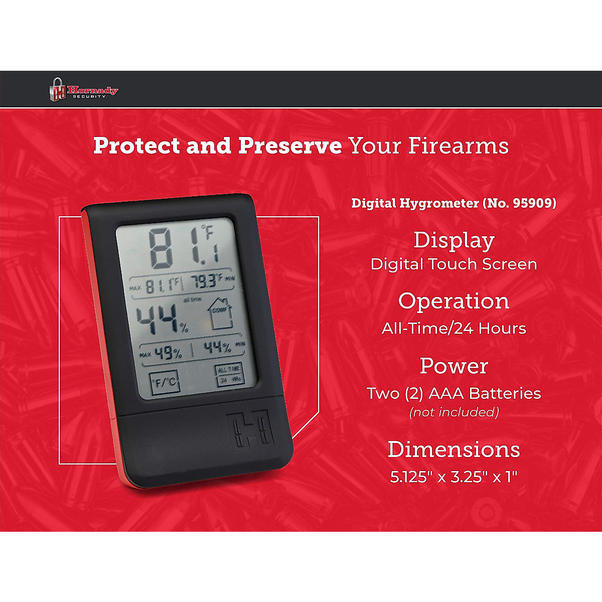 Hornady Digital Hygrometer, 95909 - Indoor Temperature and Humidity Monitor with Touchscreen LCD Display - Ideal Room Thermometer Hygrometer for Gun Safes & Cabinets, Closets, Workbench & More