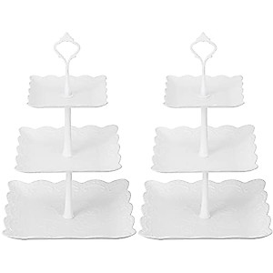 2 Set of 3-Tier Plastic Cupcake Stand Dessert Plates Mini Cakes Fruit Candy Display Tower White for Kids Birthday Tea Party Baby Shower Serving Tray, Square