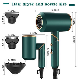 1800W Professional Ionic Hair Dryer with Diffuser and Nozzles for Women,Travel Portable Powerful Blow Dryer for Fast Drying,Compact & Lightweight