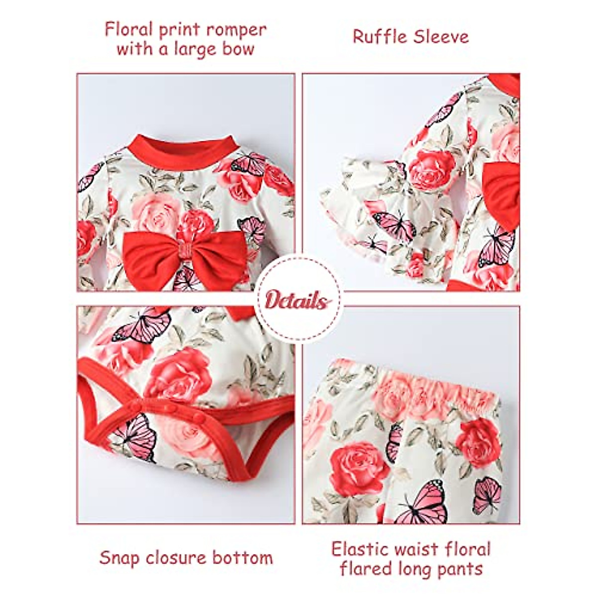 Newborn Baby Girl Clothes Infant Outfits Ruffle Sleeve Floral Romper Flare Pants Set Fall Winter Clothes 6-9 Months Red