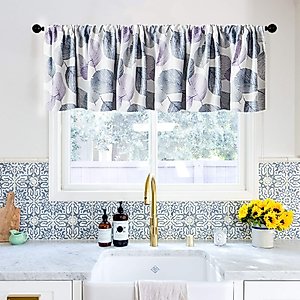 MRTREES Leaves Printed Valance Curtains 16 inch Room Darkening Grey Kitchen Curtain Valances Living Room Leaf Print Triple Weave Multi Color Window Treatment Bedroom 1 Panel Rod Pocket