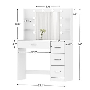 Irontar Vanity Desk, Makeup Vanity with 10 LED Lights & 4 Drawers, Brightness Adjustable, Dressing Table Desk with 6 Shelves, Bedroom Vanity Table for Girls, Women, White WDT003W