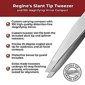 Regine Switzerland Slant Tweezers & Compact Case with 10X Magnifying Mirror Set - Precision Stainless Steel Tweezers for Ingrown Hair, Facial & Grooming - Travel Set with Hard Case for Men Women - 2Pc
