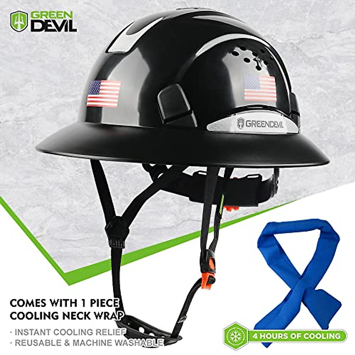 Full Brim Hard Hat Vented Construction Safety Helmet OSHA Approved Cascos De Construccion Work Hardhats with Cooling Towel for Men&Women 6 Point Adjustable Ratchet Suspension