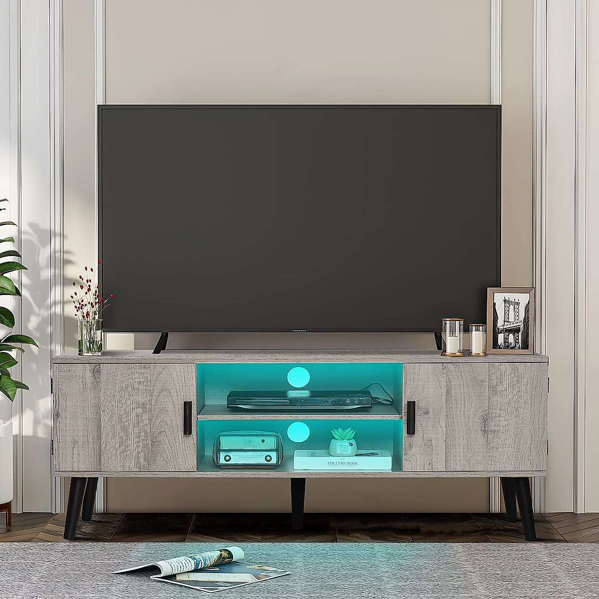 Quimoo TV Stand for 55 inch TV, LED Entertainment Center with LED Lights & Power Outlet, TV Console with 2 Cabinets & Open Shelf, Media Console for Living Room, Bedroom, Grey