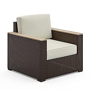 Homestyles 6800-10 Palm Springs Outdoor Arm Chair with Cushion, Weatherproof Woven Wicker Rattan with Acacia Wood Accents, 1 Person, Beige