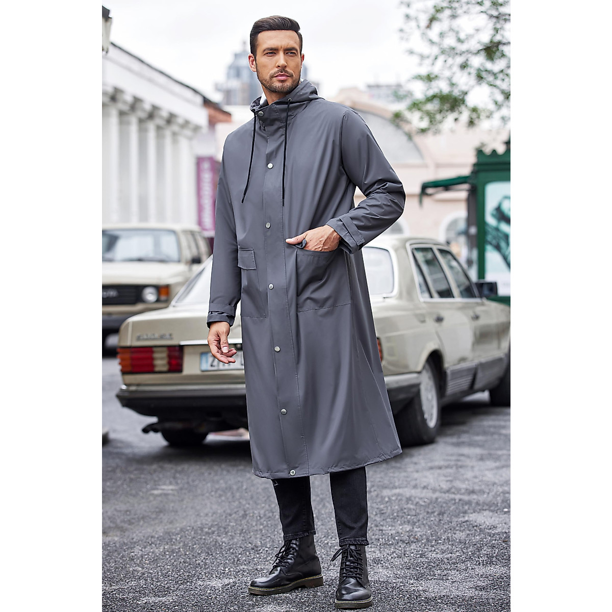 COOFANDY Men's Rain Jacket with Hood Waterproof Lightweight Active Long Raincoat