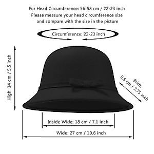 Women Felt Hat, Bucket Hat, Adjustable Vintage Bowler Suede Wool Hat with Bowknot Black