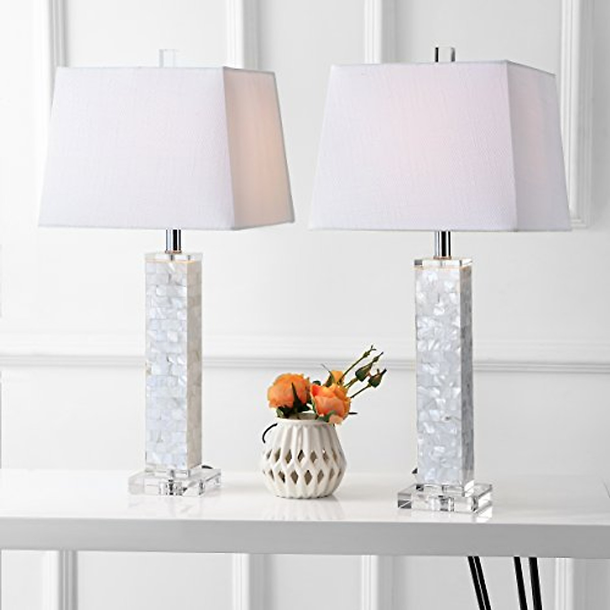 JONATHAN Y JYL1053A-SET2 Set of 2 Table Lamps Noelle 28.5" Seashell LED Table Lamp Coastal Contemporary Bedside Desk Nightstand Lamp for Bedroom Living Room Office College Bookcase, White
