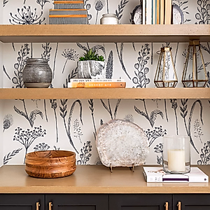 JiffDiff Peel and Stick Wallpaper Black and White Floral Wallpaper Farmhouse Wildwood Wheat Meadow Removable Wallpaper for Bedroom Modern Wallpaper Renter Friendly 118"X17.3"