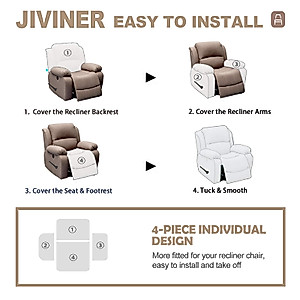 JIVINER 4-Piece Recliner Chair Covers Stretch Jacquard Covers for Recliner Chair Recliner Slipcovers for Living Room Soft Recliner Protector with Pocket (Recliner, Khaki)