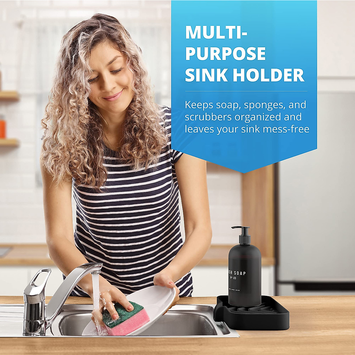 Luxet Sponge Holder for Kitchen Sink Organizer Tray [Newest Innovated Version Drain Lip] Self Draining Caddy for Dish Soap Dispenser Scrubber Brushes Bottle Dryer Kitchen Accessories Gadgets,Black