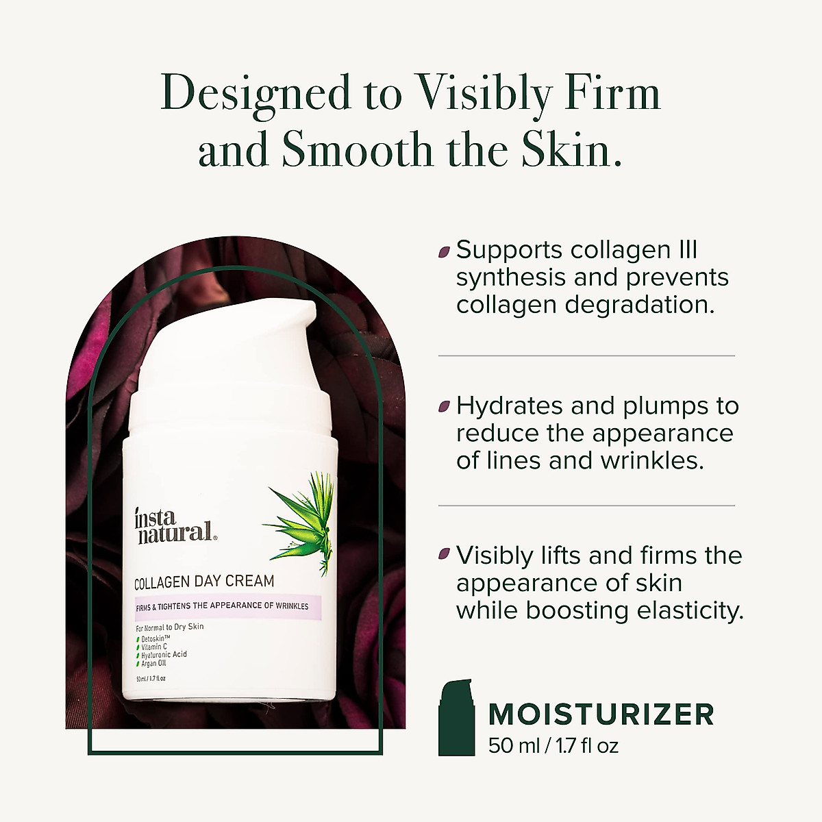 InstaNatural Collagen Face Cream, Daytime Collagen Moisturizer for Face, Anti Aging Cream with Vitamin C, Hyaluronic Acid and Argan Oil