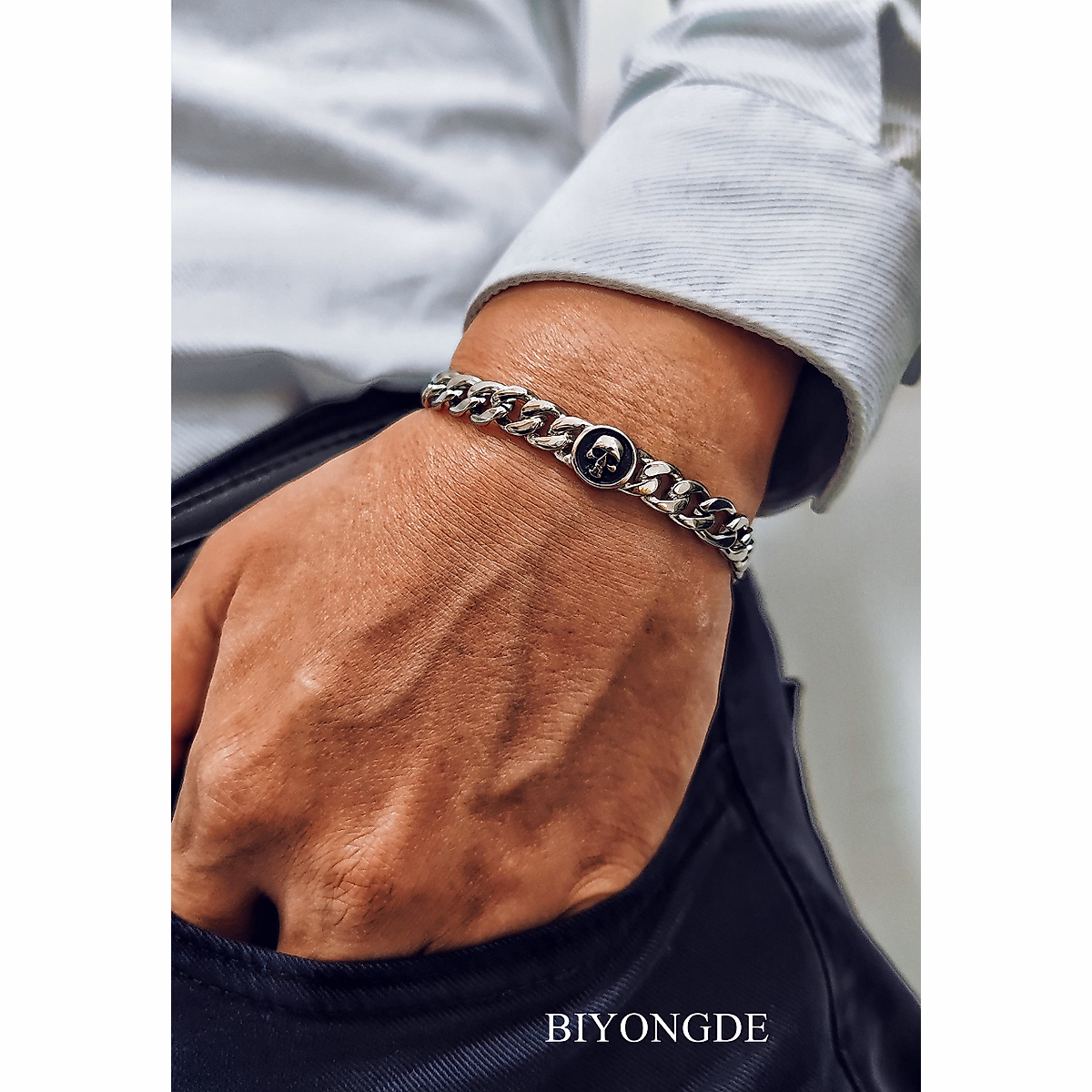 BIYONGDE Skull Cuban Chain Bracelet, Curb Chain Link Chain Bangle Bracelet for men women, Stainless Steel Mens Womens, Punk Rock Cool