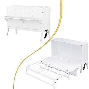 Queen Size Murphy Bed with Built-in Charging Station and Storage Shelf, Multi-Functional Murphy Bed for Kids, Teens Bedroom, Space Saving Design & Easy Assembly (White)