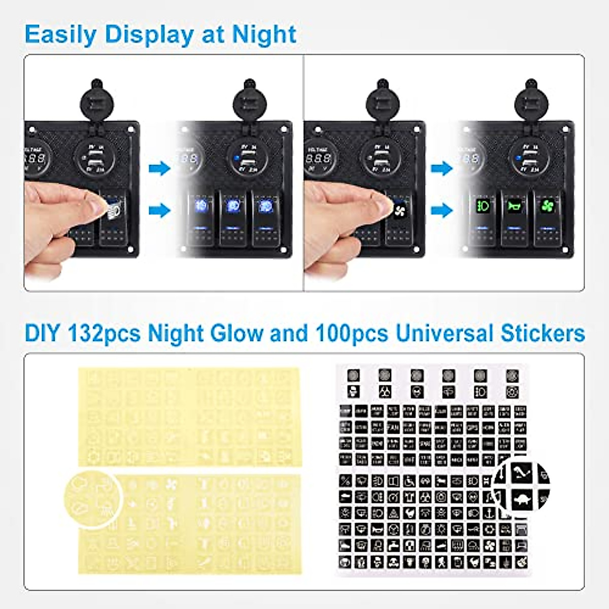 WATERWICH 6 Gang Marine Boat Car Rocker Switch Panel with Led Digital Voltmeter Dual USB Charger Cigarette Power Socket 5 Pin on/Off Switch for RV Vehicle Truck with Night Glow Stickers