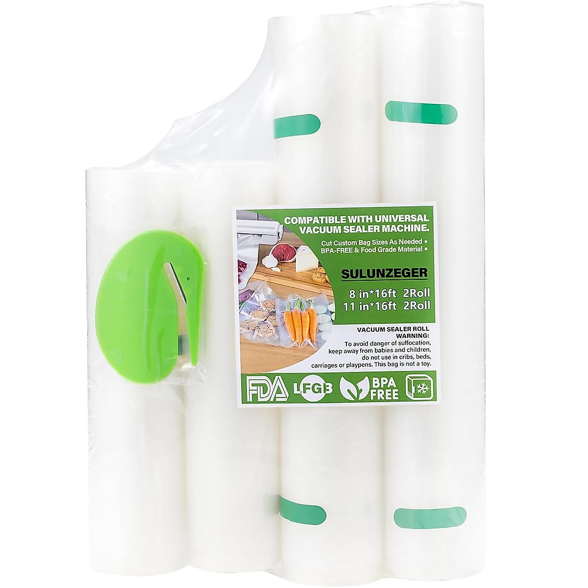 SULUNZEGER Vacuum Sealer Bags, 2 Rolls 8"X16' and 2 Rolls 11"X16' Airtight Food Storage Bag, Sous Vide Roll with Bags Cutter for Vacum Sealing Machine, Microwave Freezer Safe, BPA Free (Transparent)