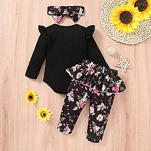 YOUNGER TREE 3PCS Newborn Infant Girls Clothes Baby Girl Fall Outfits Mustard Yellow Romper Baby Clothes Gril Winter Outfits (12-18 Months, Black Romper+Floral Skirt Pants Set)