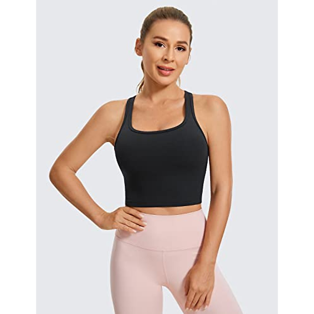 CRZ YOGA Butterluxe Womens Y-Back Racerback Longline Sports Bra - Padded Scoop Neck Workout Crop Tank Top with Built in Bra Black Small