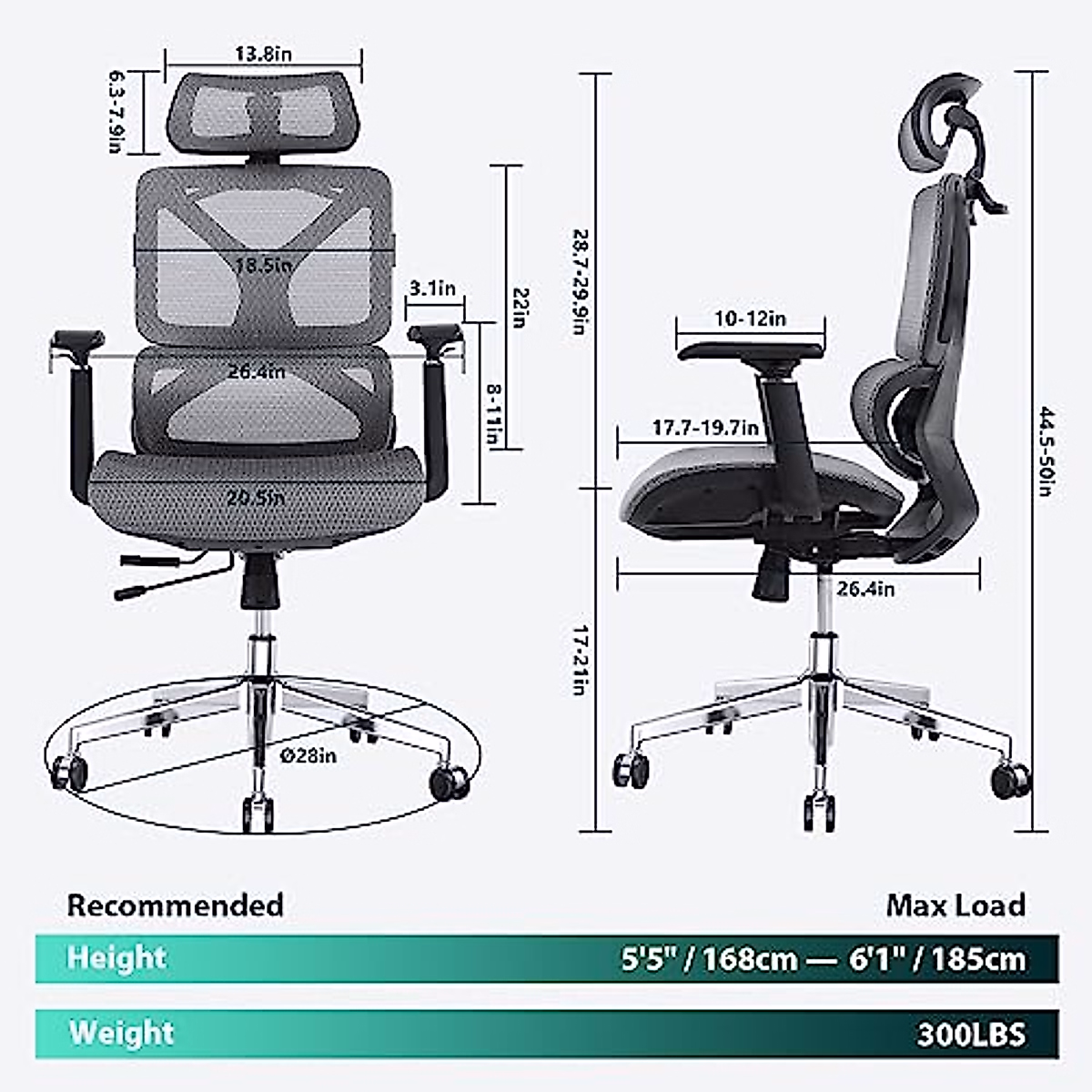 Memobarco Office Chair, Ergonomic Office Chair with Lumbar Support, Adjustable Seat Depth, Headrest, Armrests, Tilt Function, Mesh Executive Office Chairs for Home, Meeting, Conference, Hotel, Gray