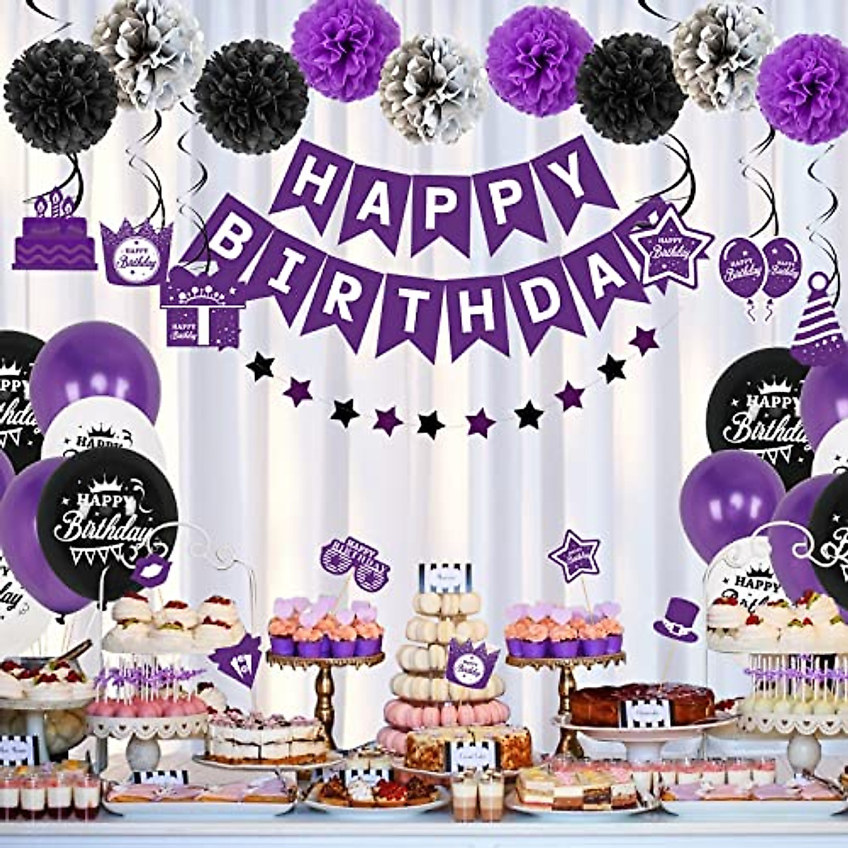 Birthday Decorations Purple for Girls and Women, Happy Birthday Party Decoration Balloons Banner Latex Balloon Supplies Tissue Paper Pom Pom Star Garland Hanging Swirls Birthday Decor for 13th 16th