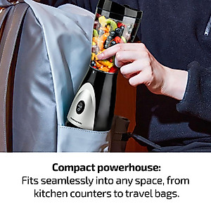 OVENTE Portable Personal Blender for Shakes, Smoothie and Juice with Compact 13.5 Oz BPA Free Travel Cup and Lid, Durable Stainless Steel Blades for Powerful Blending Performance, Black BLH1001B