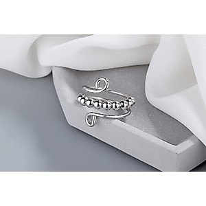 OIDIMS Unique Spinner Fidget Beads Ring for Anxiety for Women Coil Spiral Rotate Freely Inspirations Jewelry Crochet Loop Knitting Expandable Adjustable Best Friends Dainty Birthday (Silver)